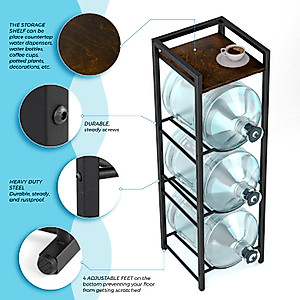 5 Gallon Water Jug Holder with Top Shelves, 4-Tier Water Jug Holder, Water Cooler Jug Rack, Water Jug Dispenser Stand Water Holder Stand Organizer for Home (4-Tier with Shelf Rustic Brown)
