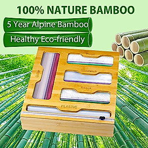 Plastic Bag Organizer for Kitchen Drawer, Bamboo Baggie Organizer and Wrap Dispenser with Cutter, Bag storage organizer Compatible with Gallon Quart Sandwich Solimo Glad Snack Variety Size Bag