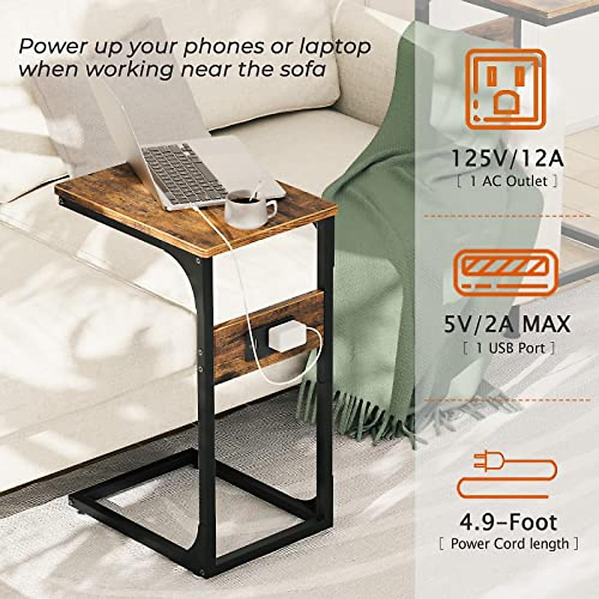 SUPERJARE C Shaped End Table with Charging Station, Bed Side Table with USB Port & Outlet, Couch Table, C Table for Living Room & Bedroom, Rustic Brown