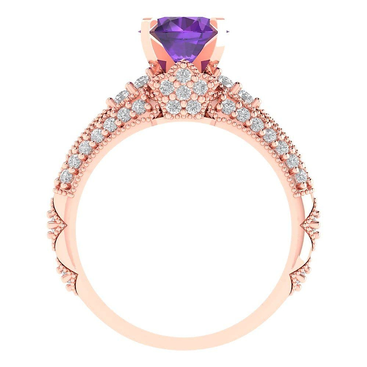 Clara Pucci 2.10ct Round Cut Solitaire Accent Natural Amethyst Engagement Promise Anniversary Bridal Ring Band set Real 14k Rose Gold 6.5