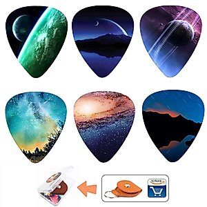 Unique Guitar Picks 12 Medium Gauge Pack with Picks Holder and Plastic Picks Box, SUNLP Fairyland Galaxy Themed Guitar Cool Picks for Bass Electric Guitar Acoustic Guitar Lovers guitarists gift