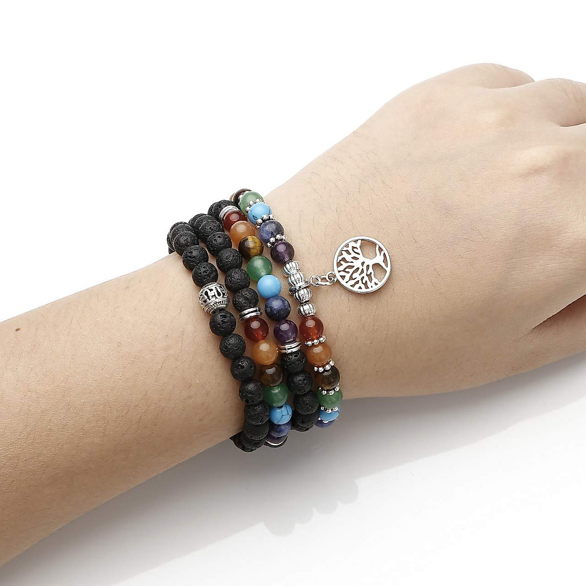 Jovivi 6mm Mala Beads 108 Lava Rock 7 Chakra Life Tree/Hamsa/OM/Lotus/Elephant Meditation Bracelet Necklace