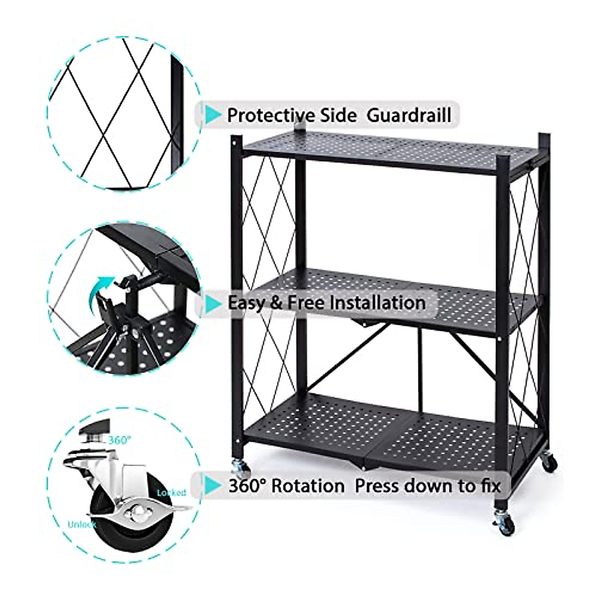 MYDENIMSKY 3-Tier Storage Shelves, Metal Storage Shelves Rack, Foldable Shelving Units with Wheels, Wire Shelving Units No Assemble Required, Movable Garage Shelves, Kitchen and Garden Shelves, Black