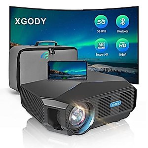 XGODY Portable Projector A4300 Native 1080P HD Projector 9200L 5G WiFi Projector Bluetooth Home Theater Video Projector with Storage Bag Remote Control Support HDMI, VGA, USB, Phone Mirror Link Black
