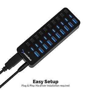 10 Port 60W USB 3.0 Hub with Individual Power Switches and LEDs Includes 60W 12V/5A Power Adapter+USB External Stereo Sound Adapter for Windows and Mac. Plug and Play No Drivers Needed