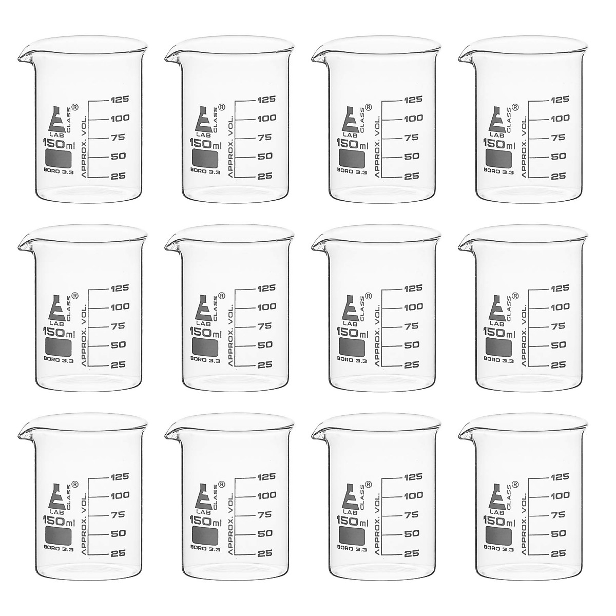 EISCO 12PK Beakers, 150mL - Low Form with Spout - White, 25mL Graduations - Borosilicate 3.3 Glass