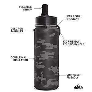 Hydrapeak Mini 20oz Kids Water Bottle with Straw Lid, Stainless Steel Double Wall Insulated Water Bottle for Kids | Leak-Proof and Spill-Proof Kids Water Bottle l Cold for 24 Hrs (Black Camouflage)