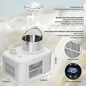 HAVATO 1.0QUART compact Ice Cream Maker with Compressor,No pre-freezing,3 Modes,sorbet machine,Homemade Sorbet/Gelato/milkshake for family of 4-5,recipe included,White