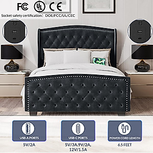 BELLEZE Queen Headboard Bed Frame with Fast Charging Port, Upholstered Platform Bed Frame with Handmade Button Tufted Headboard, Stable Noise-Free Bedroom Bed, No Box Spring Needed - Oslo (Gray)