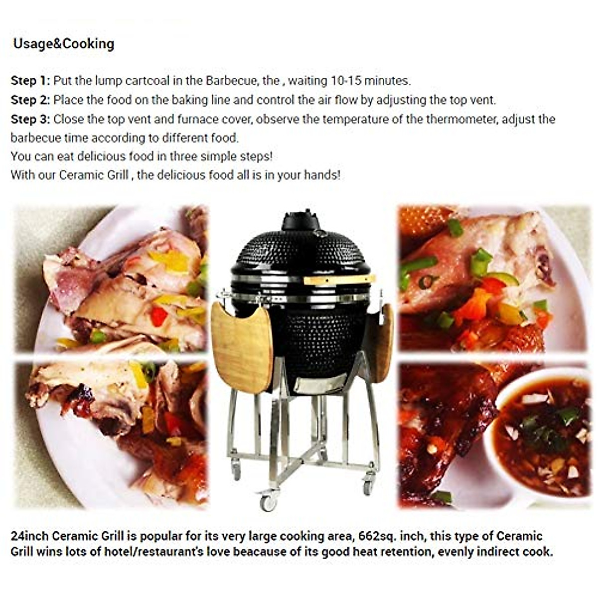 RJMOLU Large BBQ Grill, 24" Smoker Barbecue Grill with 2 Foldable Wooden Side Shelves, Quick Fire Lighter, Ceramic Barbecue for Picnic Garden Terrace Camping Travel