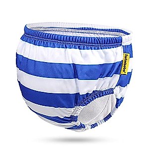FreeSwimmingBaby Reusable Absorbent Swim Diaper Washable Striped swim Trunks for Baby Boys and Girls (L, White+Blue)