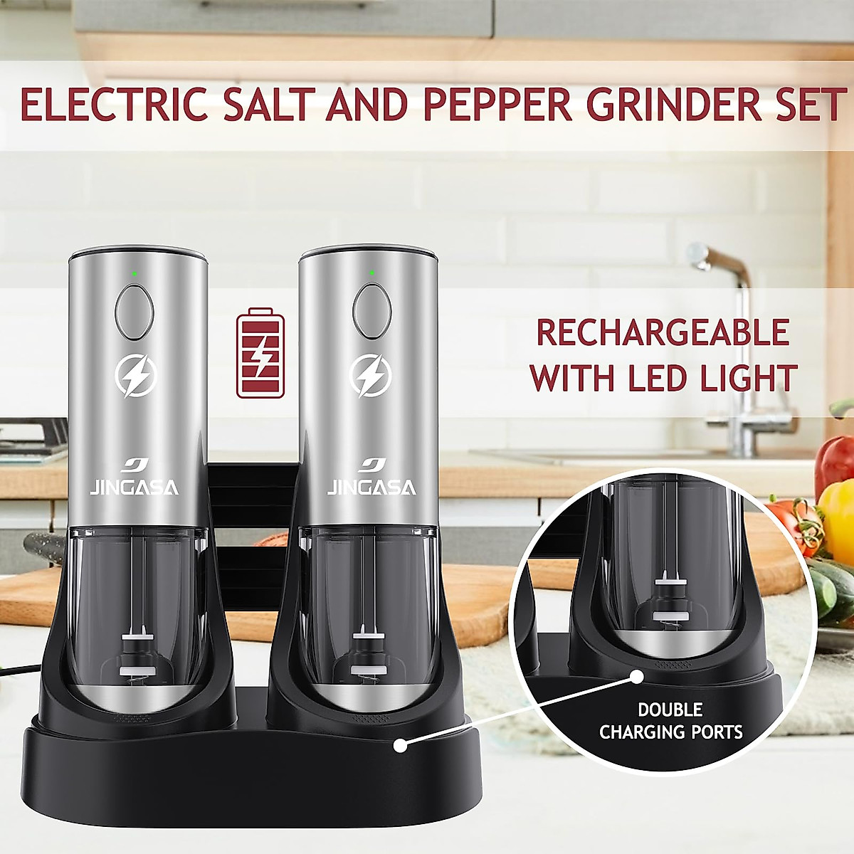 [Upgraded Larger Capacity] Electric Salt and Pepper Grinder Set with USB Charging Base, 95ml Large Capacity, Adjustable Coarseness,Stainless Steel Automatic Pepper Mill with One-Hand Operation, 2 Pack