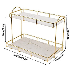 2 Tier Makeup Shelf Organizer, Bathroom Organizer Countertop Perfume Organizer Makeup Organizer Cosmetics Storage Display Rack Marble Print Ceramic Tray (Gold White)(S)