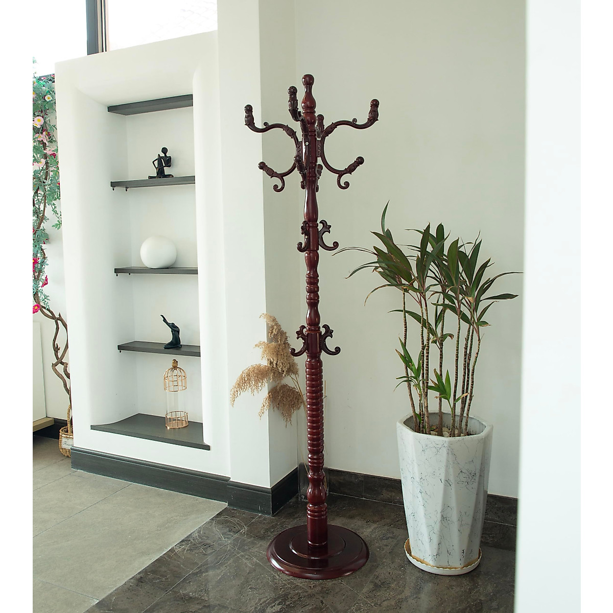 Zacammy Heavy Coat Rack Freestanding, Natural Wood Hall Tree, Adjustable Height 73in and Versatile 14 Hooks for Entryway, Porch, Living Room, Bedroom, Home Office (Rosewood)