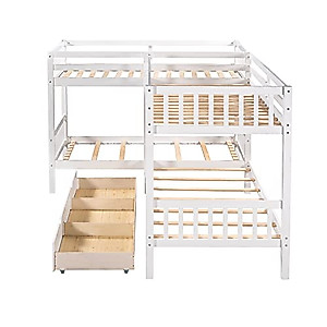 RORIGAT Twin Over Twin Quad Bunk Bed with Trundle Bed, L-Shape Bunk Bed for 4 with Ladder, Wooden Corner Bunk Bed for 4 Kids Boys Girls Teens,Gray