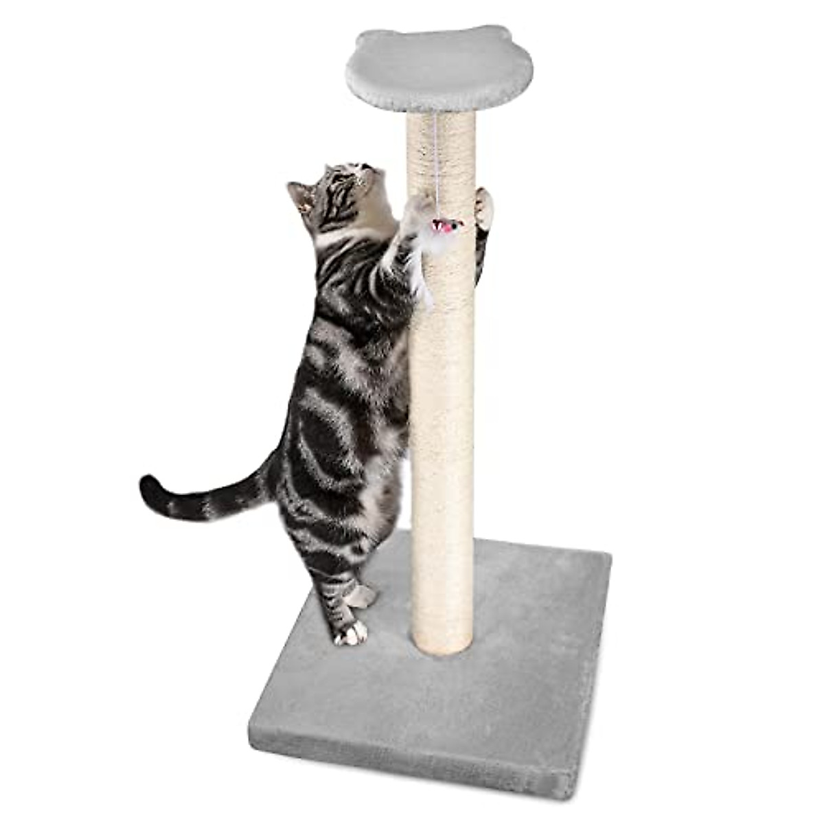 SEIOHW Cat Scratching Post, 32" Scratch Post with Sisal Rope, Tall Cat Scratcher with Bell Mouse Toy & Cat Head Perch, Scratching Post for Indoor Cats (Light Grey)