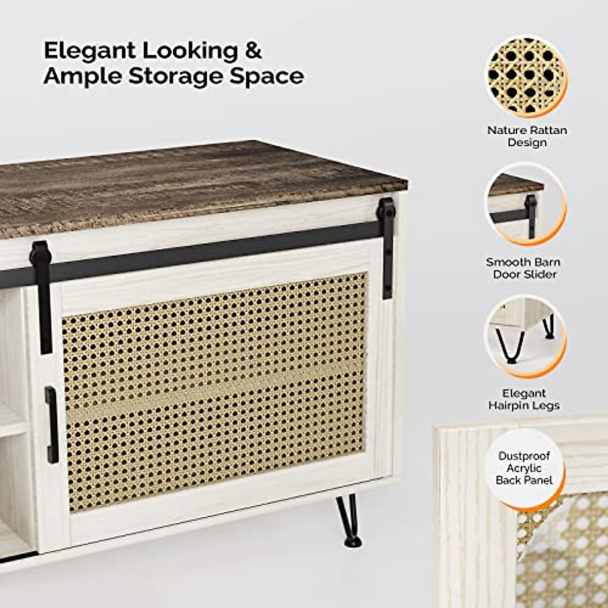 VINGLI Rattan TV Stand for TV's up to 75 Inch Farmhouse Boho Entertainment Center with Sliding Barn Door for Living Room, White, 70(W) x15.8(D) x23.6(H)