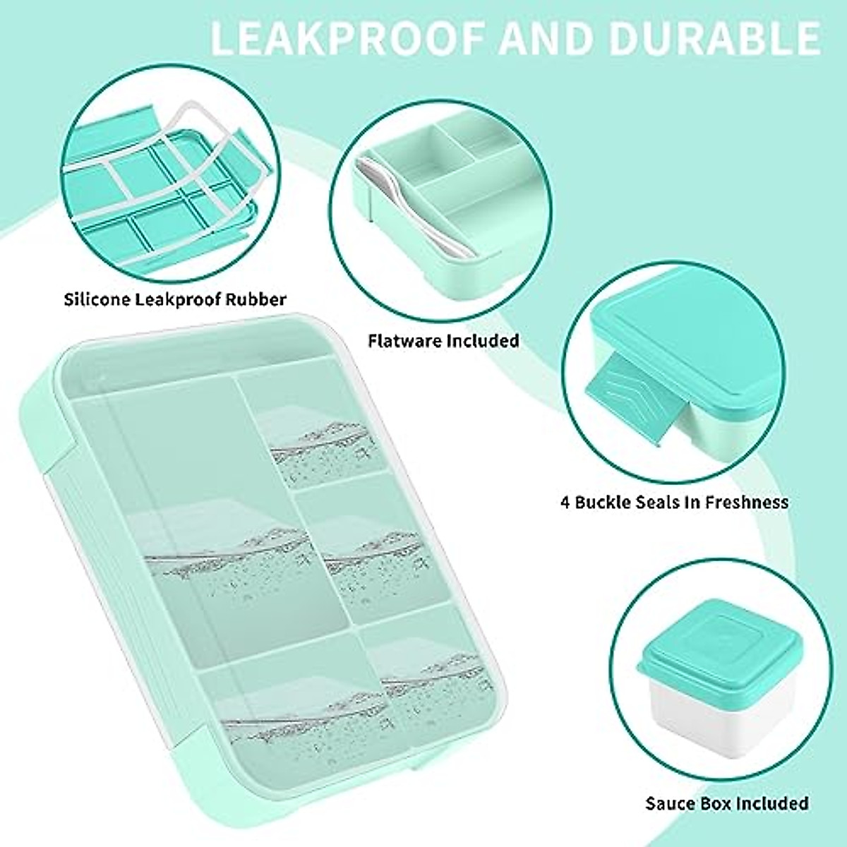 LOVINA Bento Box for Adult Kids, Stylish Teens Adult Lunch Box Containers With 5 Compartments, Durable, Microwave/Dishwasher Safe, BPA-Free, Perfect for On-the-Go Meal(Cyan)