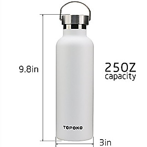 TOPOKO 25 oz Stainless Steel Vacuum Insulated Water Bottle, Keeps Drink Cold up to 24 Hours & Hot up to 12 Hours, Leak Proof and Sweat Proof. Large Capacity Sports Bottle Wide Mouth Metal Lid (White)