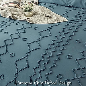 Senville Duvet Cover Queen Size,Blue Tufted Duvet Cover with Jacquard Rhombus Geometric Pattern,3 Pieces Boho Textured Shabby Chic Bedding Set with Zipper Closure for All Season (Denim Blue,Queen)