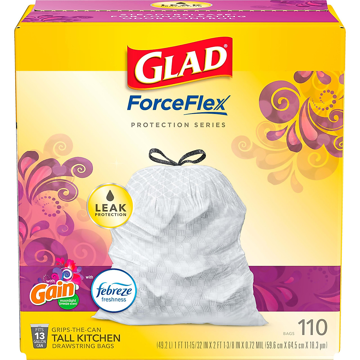 GLAD ForceFlex Tall Kitchen Drawstring Trash Bags, 13 Gallon White Trash Bag for Kitchen Trash Can, Gain Moonlight Breeze with Febreze Freshness and Leak Protection, 110 Count (Package May Vary)