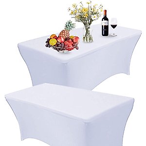 RELIANCER 2 Pack 8FT Rectangular Spandex Table Cover Four-Way Tight Fitted Stretch Tablecloth Table Cloth for Outdoor Party DJ Tradeshow Banquet Vendor Wedding Celebration (2PC 8FT, White)
