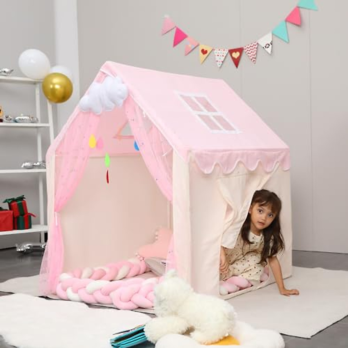 Annualring Play Tent Kids Playhouse,Little Teepee Tent with Felt Cloud Indoor Play House for Toddlers,Castle Tent for Girls Boys (Beige Pink)