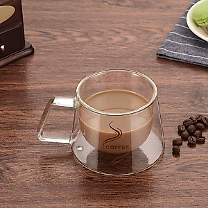 Virgin Forest Espresso Cups, Double Wall Lnsulated Glasses Cup, Clear Glass Coffee Mugs with Handle (7 oz)