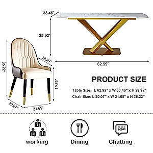 Montary 7-Piece Dining Table Set - 63" Faux Marble Table Top & X-Shaped Solid Gold Carbon Stell Legs, 1 Dining Table with 6 Dining Chairs, Morden Rectangular Dining Set for Kitchen, Resterant