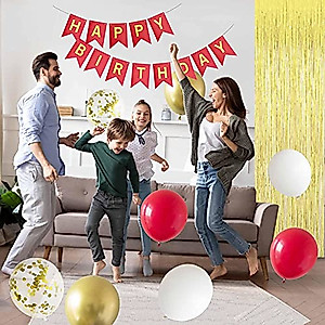 ANSOMO Red and Gold Happy Birthday Party Decorations with Banner Balloons Pom Poms Foil Fringe Curtains for Girls Women