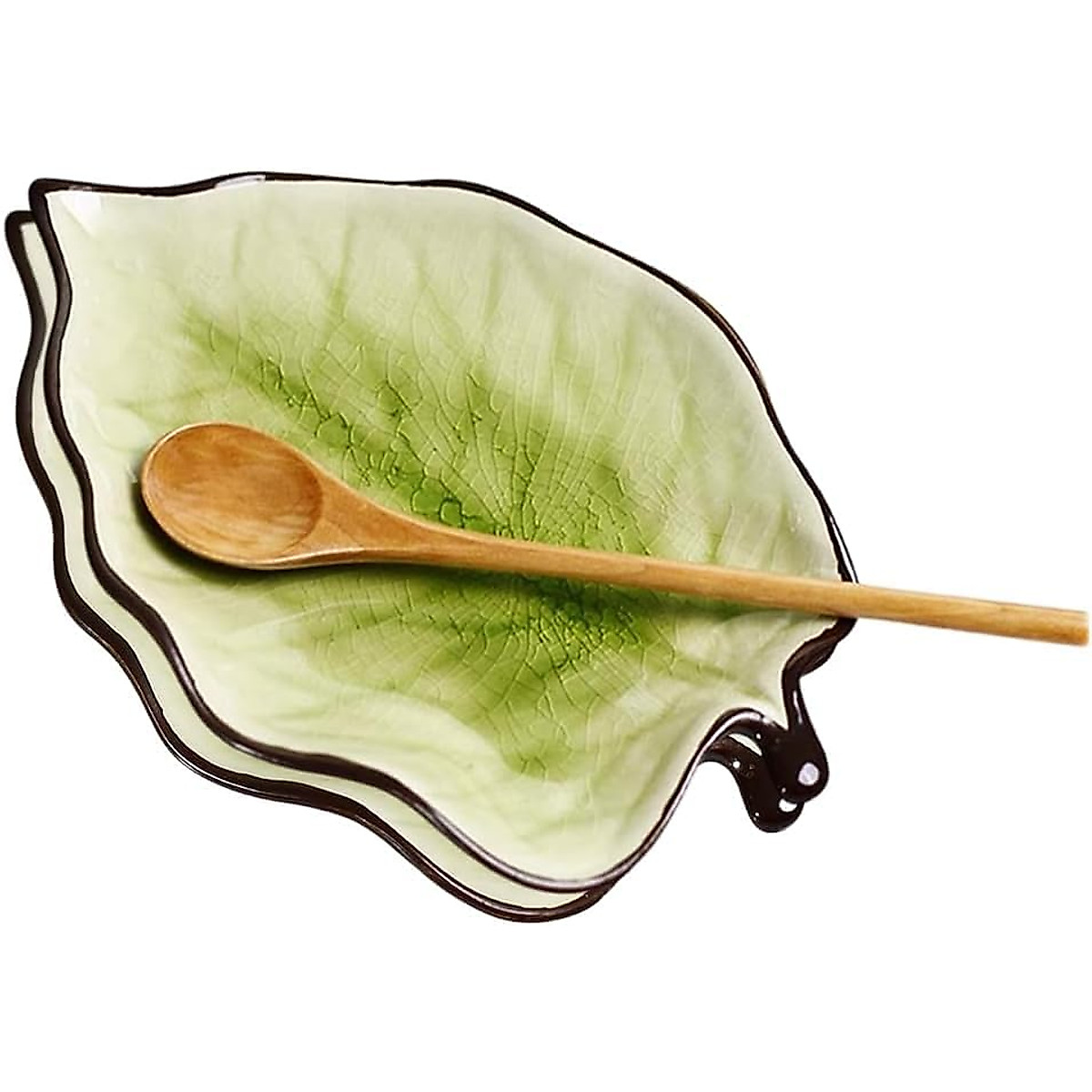 Lanxitown 2pcs Ceramic Spoon Rest Leaf Shaped Spoon Holder Coffee Spoon Rest Kitchen Spoon Rest for Modern Farmhouse Decor Spoon Holder for Kitchen Counter（No Spoon) (Green Leaf, 7.5"x5.1"x1")