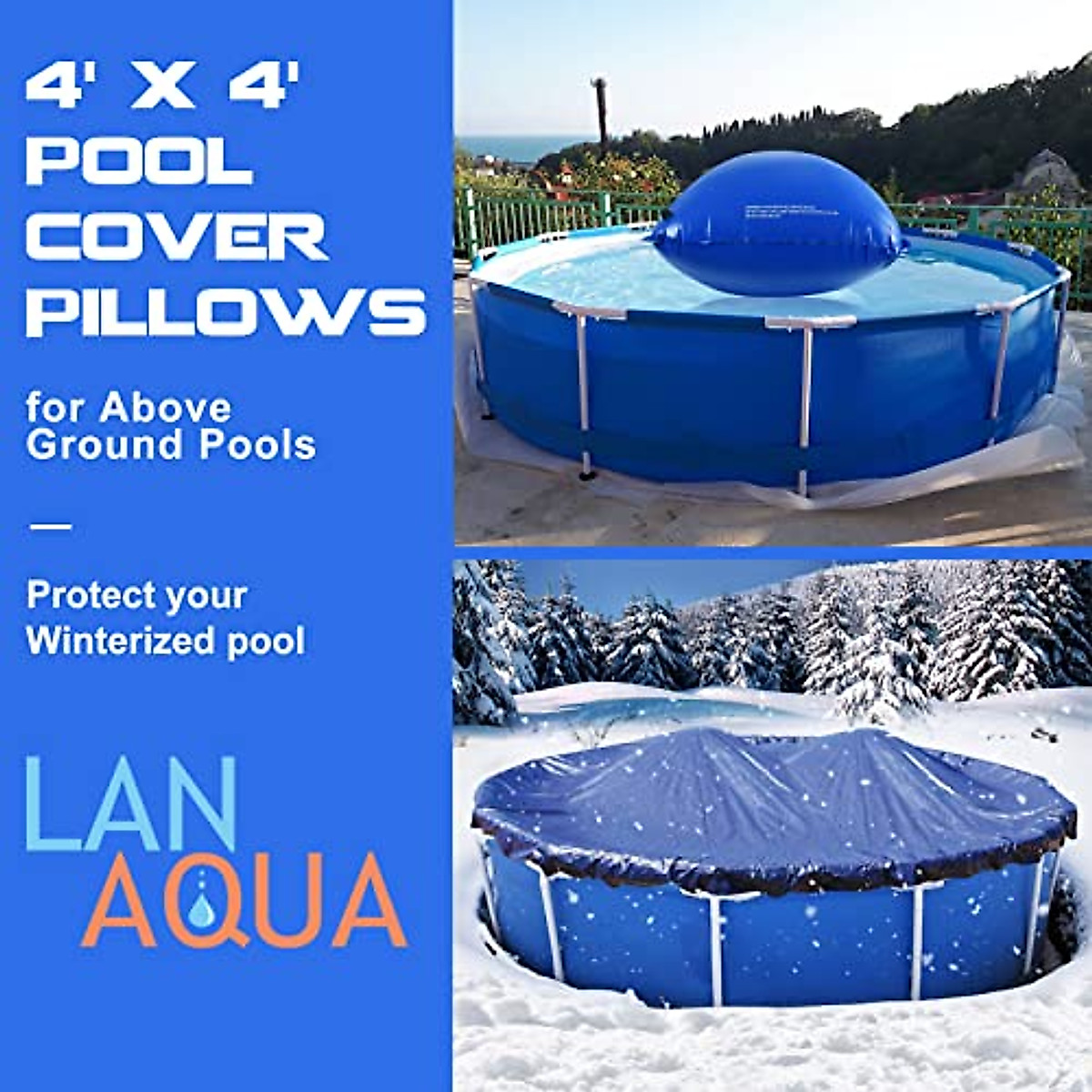 LanAqua 4 x 4 Ft Pool Pillows for Above Ground Pools,0.4mmThick Winter Pool Pillow for Closing,Super Durable PVC & Strong Cold Resistant Pool Cover Air Pillow,Rope Included (55ft)