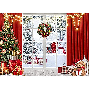 LTLYH Red Christmas Backdrop 8x6ft Winter Snow Window Christmas Photo Decorations Backdrop Christmas Party Banner Photoshoot Backdrops Xmas Photo Booth Props Background