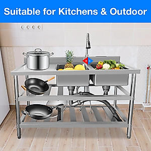 DuyviSteil Commercial Restaurant Sink Stainless Steel Utility Sink Free-standing Kitchen Sink, Freestanding Outdoor Sink with Pull-Out Faucet(Double Bowl)