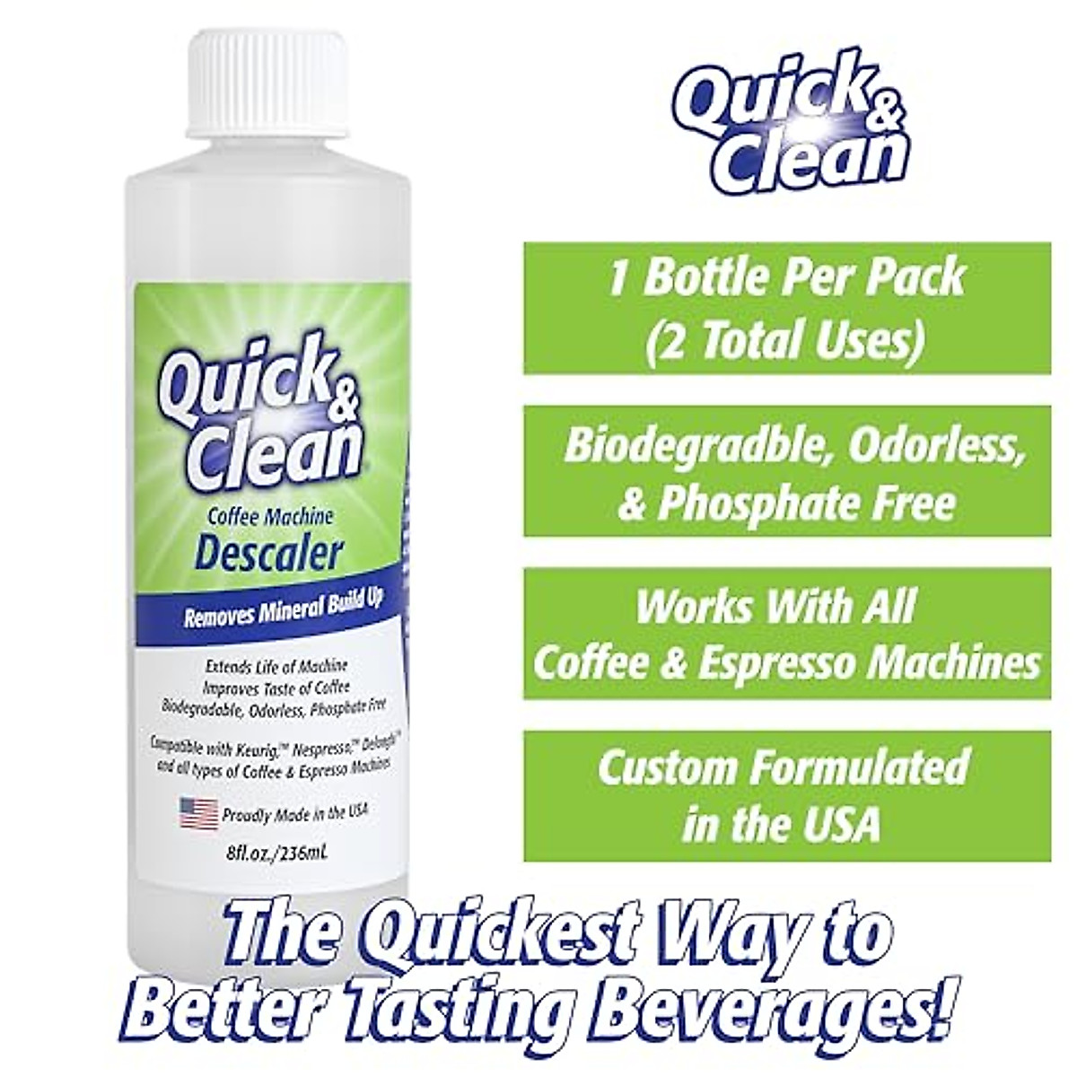 Quick & Clean 4-Pack of Cleaning Cups with Descaler Bundle (2 Total Uses) - 2.0 Compatible, Descaling Solution for Keurig, Nespresso, Ninja, Delonghi, All Coffee and Espresso Machines