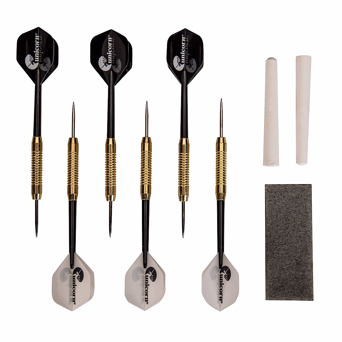 Unicorn LED Bristle Dartboard Cabinet Set - LED Tournament-Style Lighting - Official Size Dartboard - Woodgrain Finish Cabinet with Chalk Scoreboards - Includes Six Steel Tip Darts, Brown