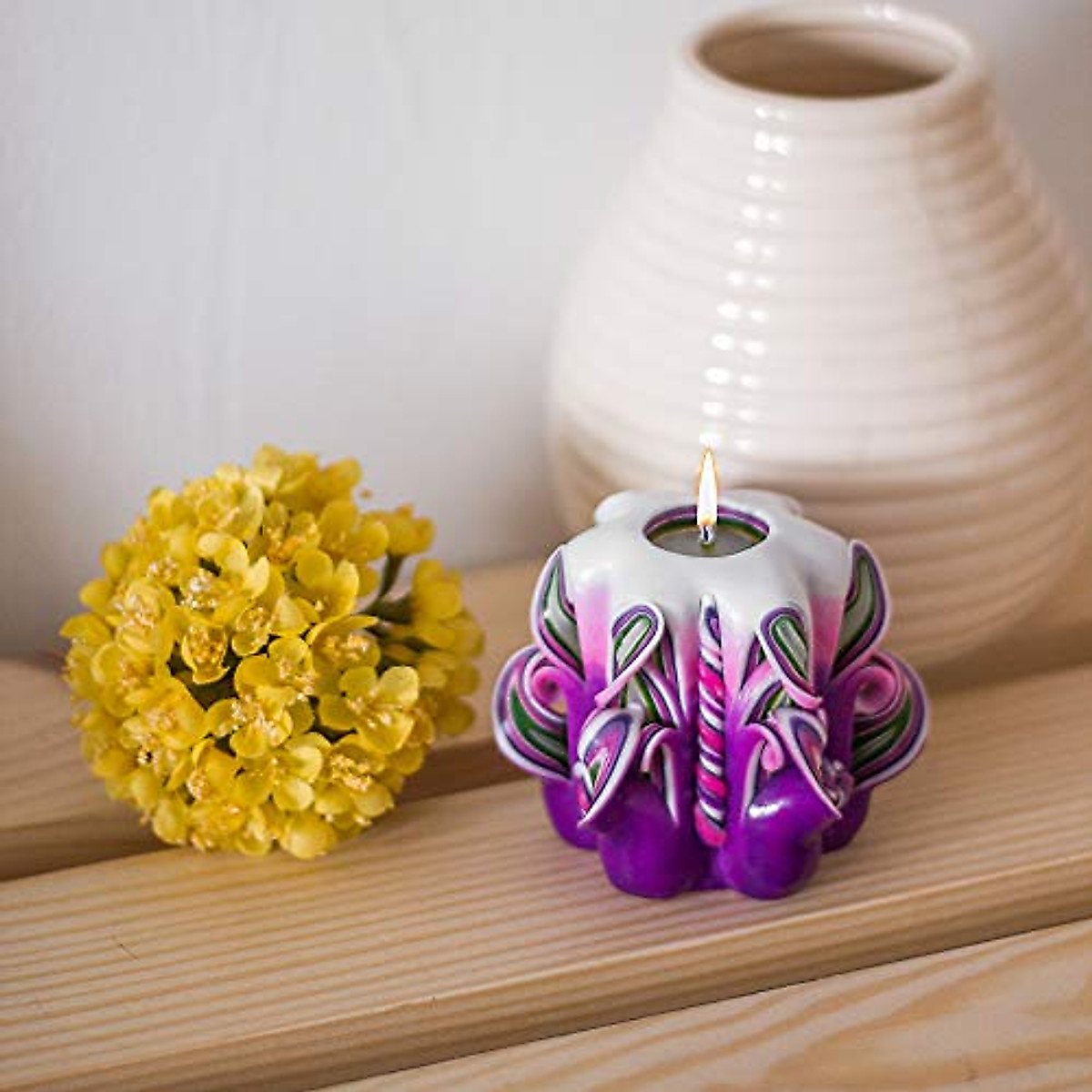 Carved Candles - 2,5 inches Purple Pink Green White - Candles Hand Carved - Hand Carved Unity Candles - Handmade Carved Candles - Flower Candles - Hand Carved Decorative Candles