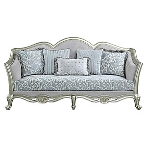 Acme Qunsia Sofa with 5 Pillows in Light Gray Fabric and Champagne