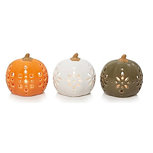 Yankee Candle Pumpkin Candle Holders - Set of 3 Pumpkin Tea Light Holders - Colored with Cutouts in Orange, White, and Green - for Fall, Autumn, Halloween, Thanksgiving