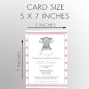 Elephant Baby Shower Invitations Stripes Pink It's a Girl l Little Peanut Invites Customized Personalized Printed (12 Count)