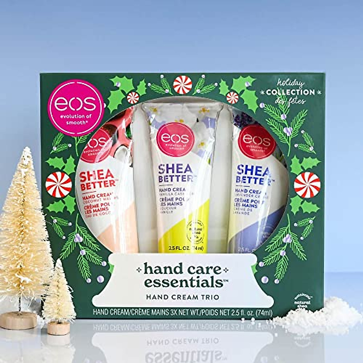 eos Holiday Collection, Hand Care Essentials, Hand Cream Trio- Coconut, Vanilla Cashmere, and Lavender, 24-Hour Hydration, 2.5 oz, 3-Pack, Clear