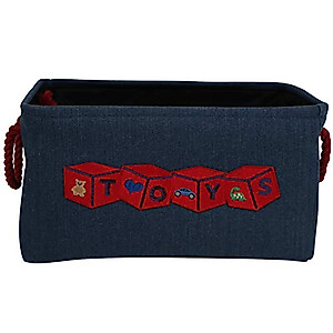 Toy Storage Basket Bin for Organizing Baby, Kids, Dog Toys, Children Books. Denim Canvas Box Organizer w/Attractive Red Patch for Playroom, Nursery …