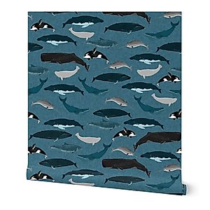 Spoonflower Peel & Stick Wallpaper 9ft x 2ft - Whale Whales Ocean Sea Creature Pod Beluga Narwhal Blue Nautical Custom Removable Wallpaper