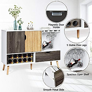 Giantex Buffet Sideboard with Storage, Wine Bar Cabinet for 10 Bottles, Glass Holder, Large Drawer, Wood Cupboard Pantry for Kitchen Cupboard, Standing Credenza (White & Wood)