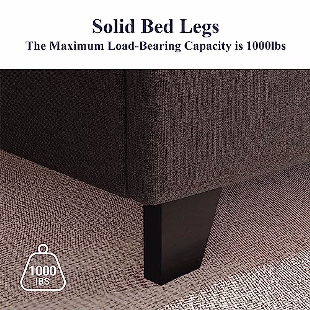 Allewie King Size Platform Bed Frame with Wingback, Upholstered Square Stitched Headboard and Wooden Slats, Mattress Foundation, Box Spring Optional, Easy Assembly, Dark Grey