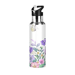 Kigai Butterfly Flowers Stainless Steel Sports Water Bottle BPA-Free Vacuum Insulated Leakproof Wide Mouth Flask with Straw Lid Keeps Liquids Cold or Hot for Gym Travel Camping