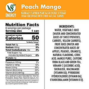 V8 +ENERGY Peach Mango Energy Drink Made with Real Vegetable and Fruit Juices, 8 FL OZ Can (4 Packs of 6 Cans)