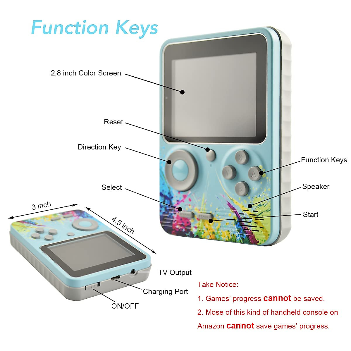 Handheld Game Console Built in 500 Classic Game for Boy Girl, Mini Pocket Handheld Console, 2.8 Inch Screen, 1020mAh Battery, TV Video Output, Christmas Birthday Present for Kids (Blue)