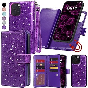 Varikke for iPhone 14 Pro Max Wallet Case Detachable with Card Holder for Women, Fashion Glitter Leather Strap Magnetic Flip Wallet Removable Phone Case Cover for iPhone 14 Pro Max 6.7", Dark Purple