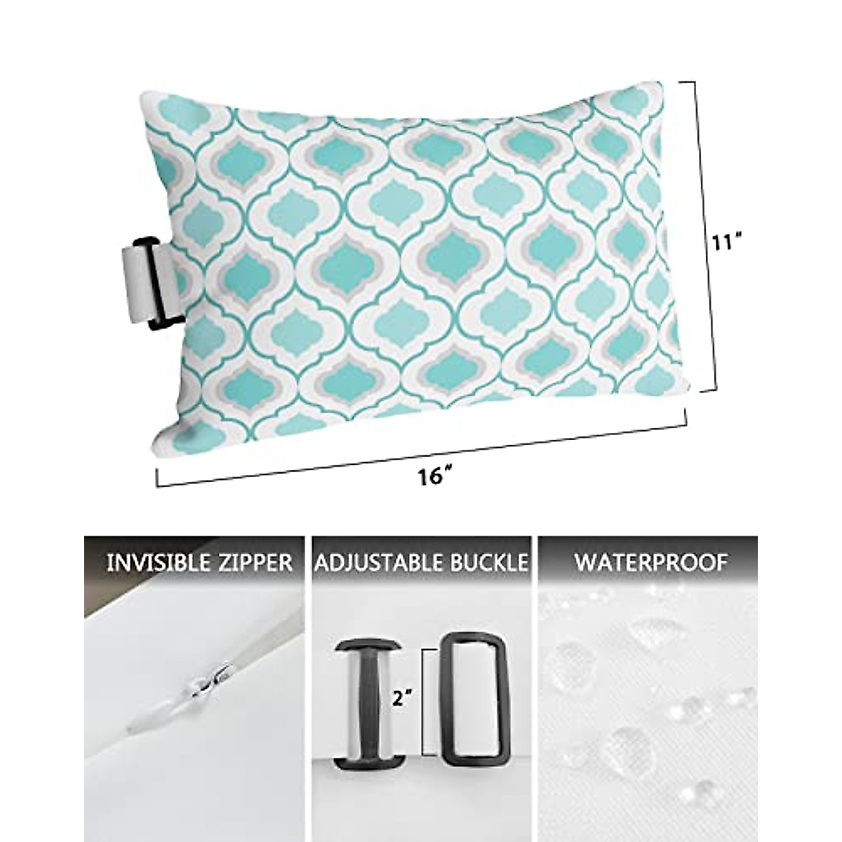 Recliner Head Pillow Ledge Loungers Chair Pillows with Insert Teal Green Turquoise Moroccan Geometric Lumbar Pillow with Adjustable Strap Outdoor Waterproof Patio Pillows for Beach Pool, 2 PCS